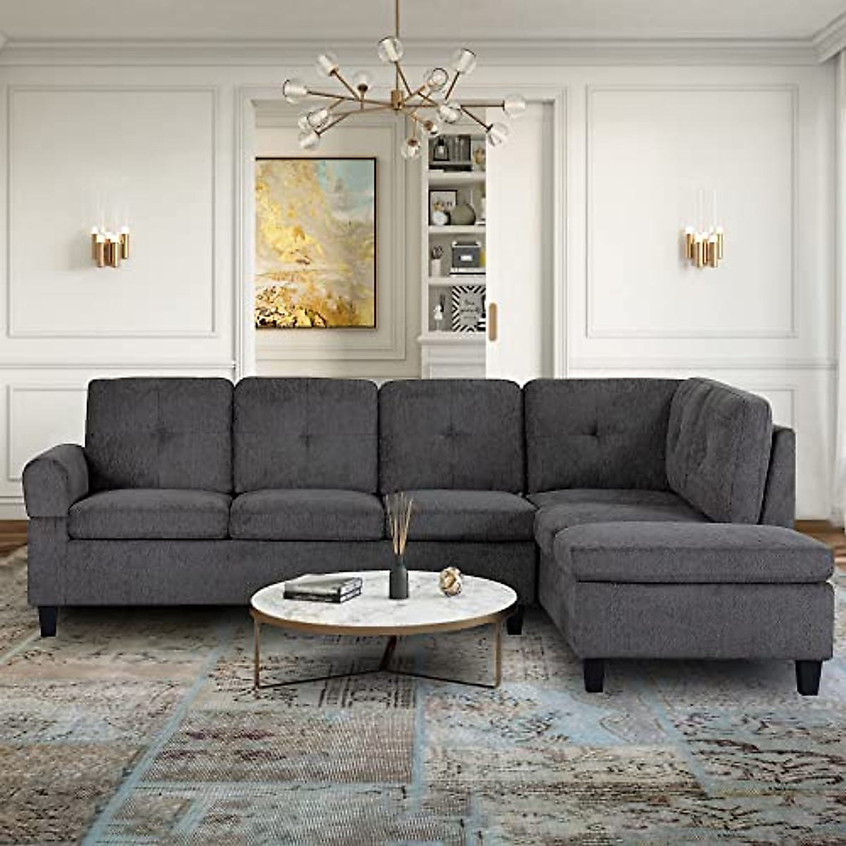 UBGO Furniture Sets,Living Room Sectional Sofa,L Shaped Storage Ottoman, Upholstered Sofá with 2 Cup Holder,Couch Longue for Indoor Home Apartment Office, Grey Left Chaise