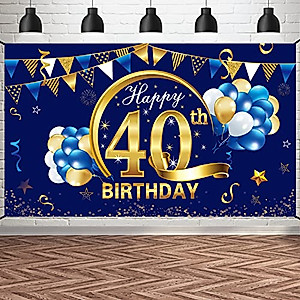 Kauayurk Happy 40th Birthday Banner Decorations for Men - Blue Gold 40 Backdrop Party Supplies Forty Year Old Photo Background Sign Decor, blue 40th