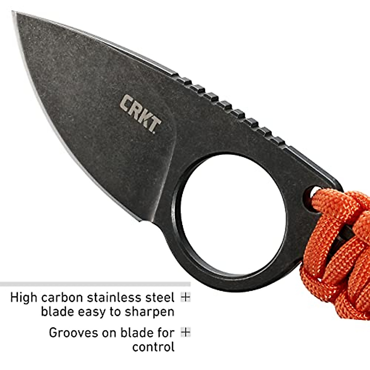 CRKT Tailbone EDC Knife: Everyday Carry Fixed Blade Drop Point Knife with Black Stonewash Finish, Orange Cord Wrapped Handle, Sheath 2415