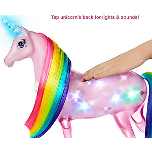 Barbie Dreamtopia Magical Lights Unicorn with Rainbow Mane, Lights and Sounds, Princess Doll with Pink Hair and Food Accessory, Gift for 3 to 7 Year Olds, Multi, Única