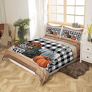 Fall Pumpkins Thanksgiving Bedding Set King Black White Buffalo Plaid Bedding Duvet Cover Rustic Farmhouse Wooden Board Comforter Cover For Adults Women Men Happy Autumn Fall Bed Set Brown 3 Pcs