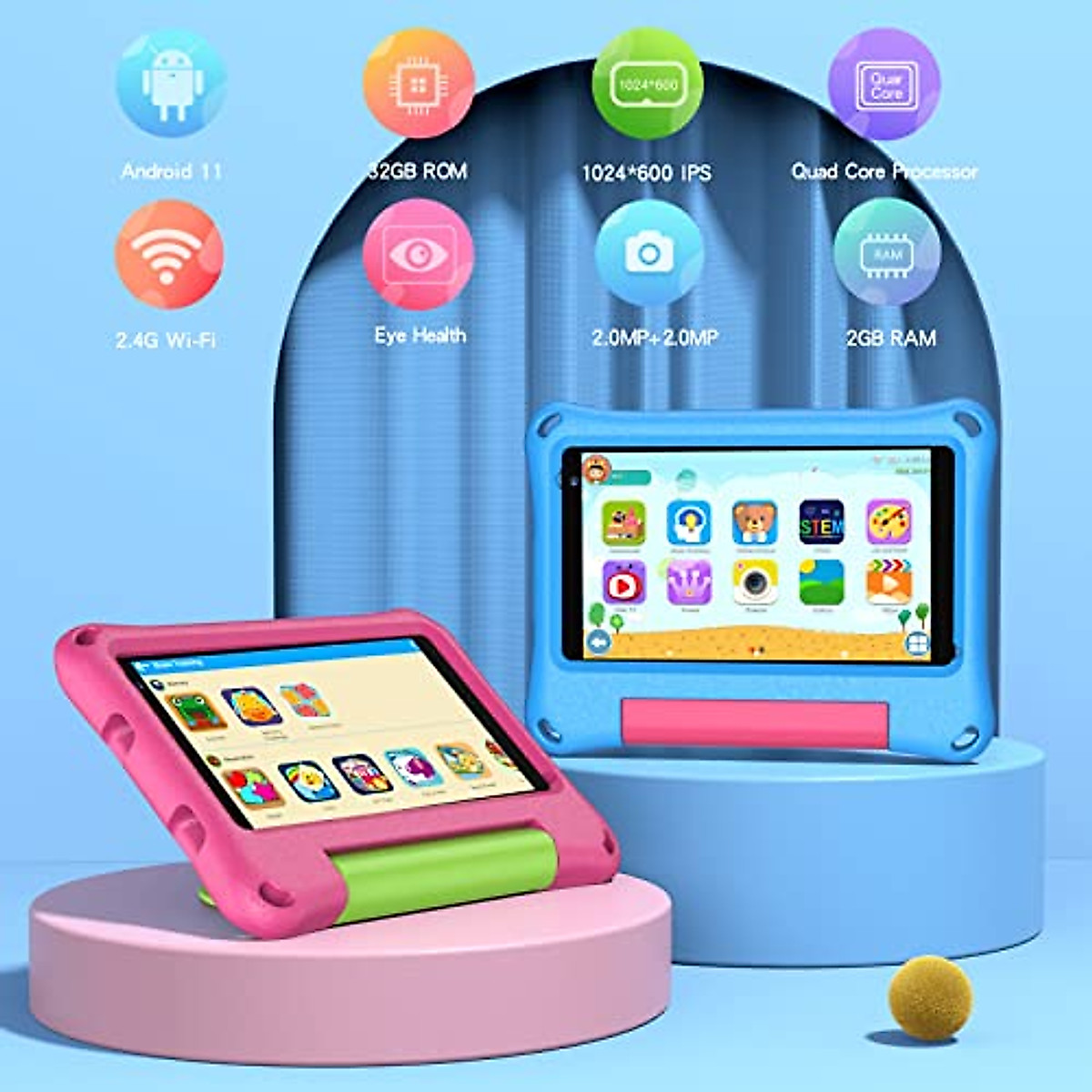 Kids Tablet 7 Inch Tablet for Toddlers, Android 11 Tablet 2GB RAM 32GB Storage with WiFi Dual Camera, Parental Control Mode Google Playstore YouTube Netflix for Boys Girls (Pink)