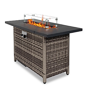 Vasitelan Fire Pit Propane Gas FirePit Table 43" Outdoor Fire Pit Rectangular Tabletop with Lid, Rain Cover, Tempered Glass Wind Guard for Outside Garden Backyard Deck Patio (Style 1)