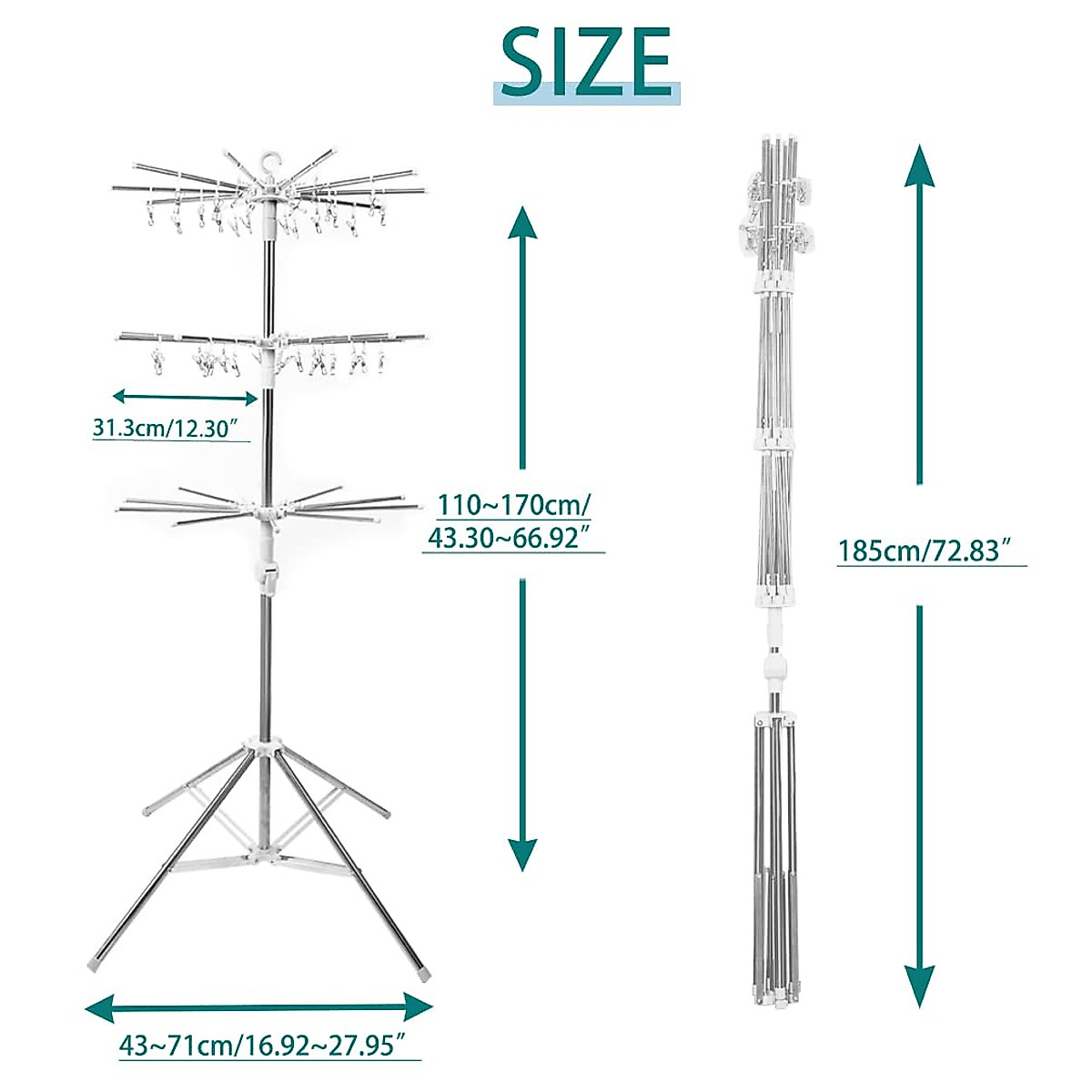 Hershii 3 Tiers Clothes Drying Rack Collapsible Indoor Outdoor Garment Airer Stand Folding Laundry Hanger Organizer Space Saving with Towels Bars and Clothespins, 43.3-66.92inches High