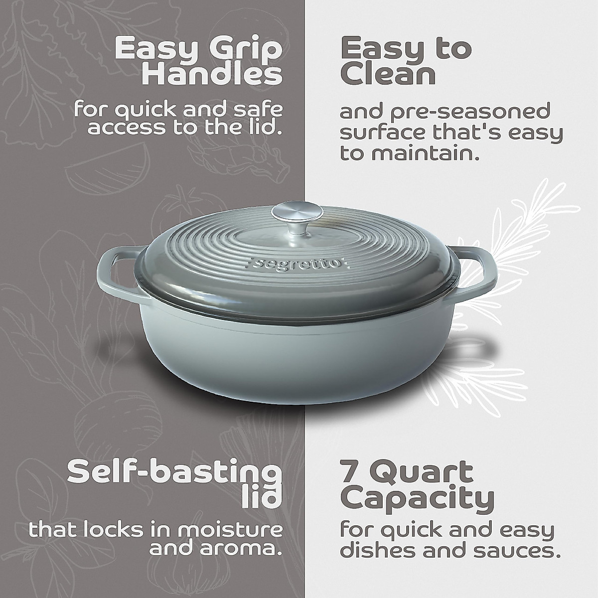 Segretto Cookware Enameled Oval Cast Iron Dutch Oven with Handle 7-Quarts Grigio Scuro (Gray) 7 qt Oven Safe Dutch Oven Pot With Lid Enamel cast Iron Dutch Oven Cast Iron Pot Cookware for Bread Baking