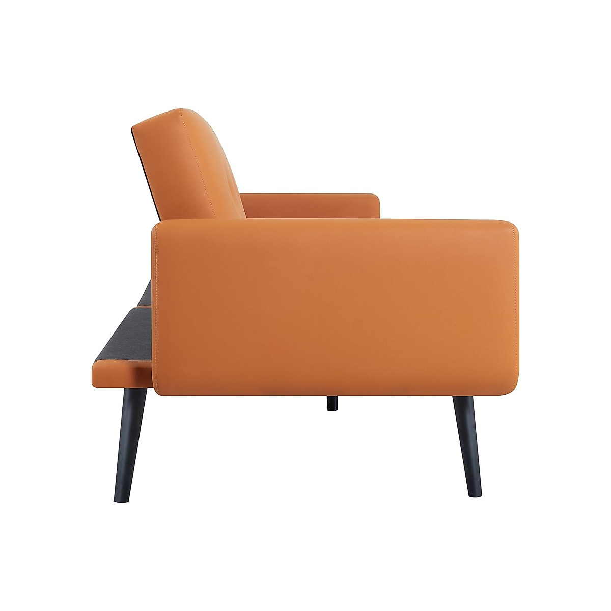 Naomi Home Monica Leather Futon Sofa, Caramel, Mid Century Modern Style, Faux Leather, Split Back, Tapered Legs, Living Room, 78.34x33.85x32.48 inches, 300 pounds Weight Recommendation