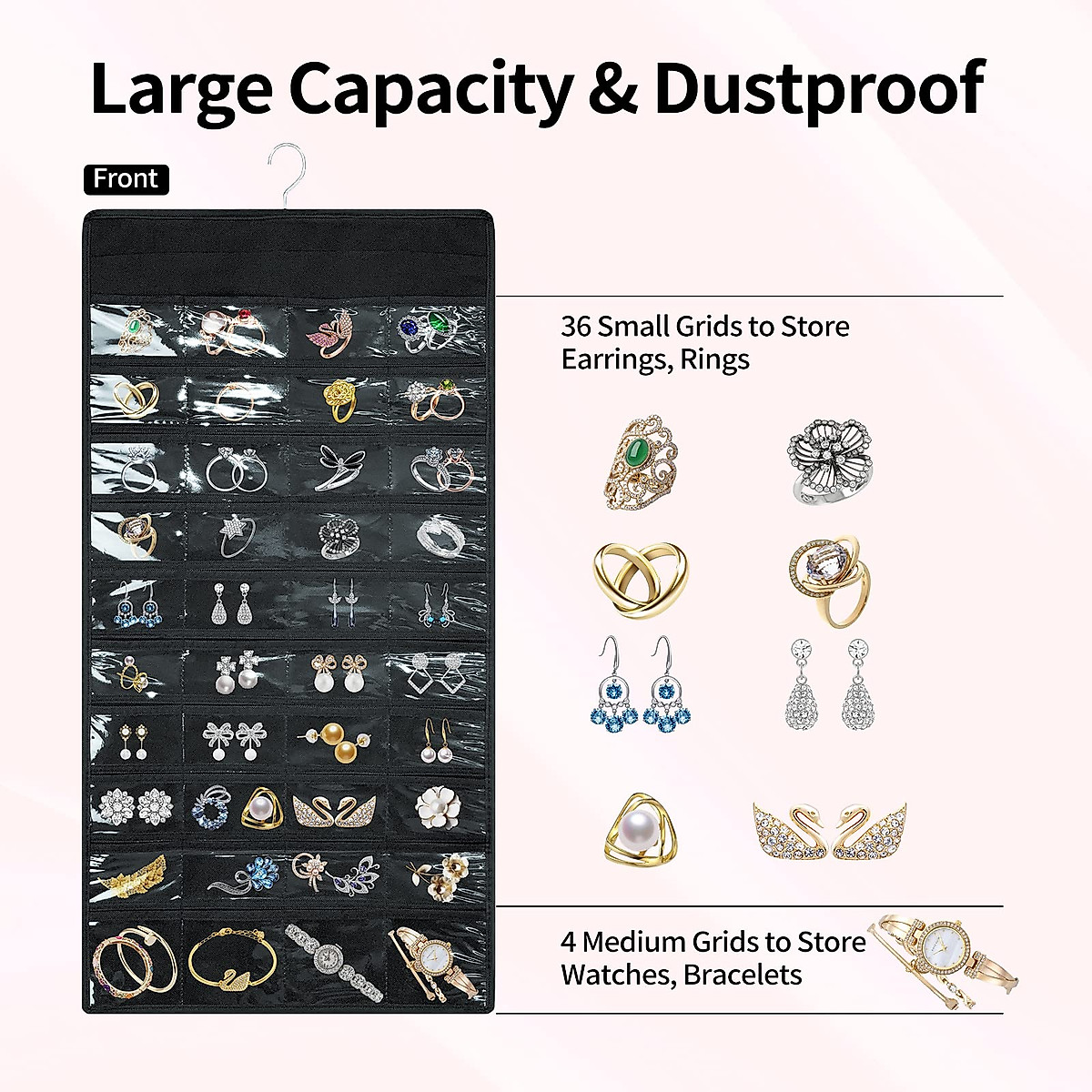 Chahot Hanging Jewelry Organizer-Closet Earring Holder Organizer with 48 Pockets & 8 Velcro, Double Side Large Jewelry Holder Earring Organizer for Earring Bracelet Rings Chain with Hanger, 1 Piece