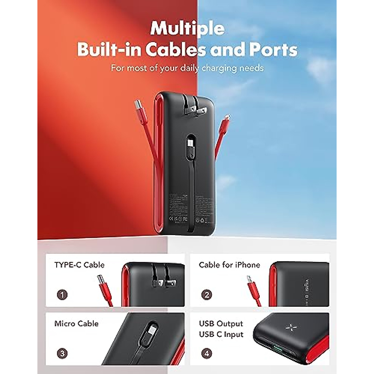 VIYISI Portable Charger with Built-in Cables, Fast Charging Power Bank with Wall Plug 10000mAh, USB C Battery Pack Compatible with iPhone 15/14/13/12/11, Samsung, Huawei, More USB-C Devices - Black