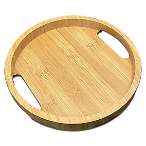 Bam&Boo Natural Bamboo Serving Tray Circular Modern with Handles — Food, Storage, Decor for Breakfast, Parties, Weddings, Picnics — (9”)