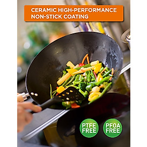 Commercial CHEF 12" Carbon Steel Wok with Acacia Wood Handle, Non Stick Stir Fry Pan with Ceramic Coating, Safe for Any Cooktop or Grill, Lighter and Cools Faster than Cast Iron