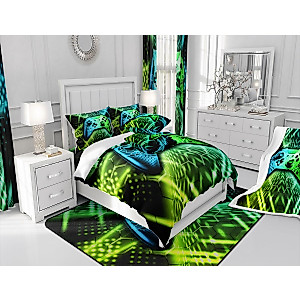 Gamepad Bedding Sets for Boys,Reversible Gaming Duvet Cover Set Twin Size,Video Games Geometry Comforter Cover,Bed Set for Kids Bedroom,Gamepad Controller,2 Pcs with 1 Pillow Case,Blue Green Neon