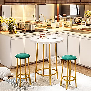 Hooseng Bar Table Set, 3 Pieces Round Dining Table Set with Counter Height Faux Marble Table and 2 Stools, Space Saving Bar Table and Chairs Set for Breakfast Nook Apartment Cafe Small Space, Green