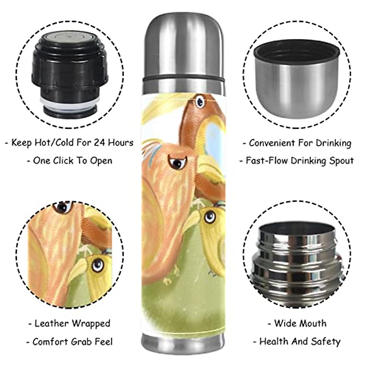 Stainless Steel Leather Vacuum Insulated Mug Bird Thermos Water Bottle for Hot and Cold Drinks Kids Adults 16 Oz