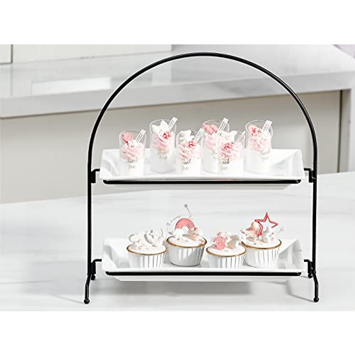 ONEMORE 2-Tier Large Serving Tray, Collapsible Arch Food Display Two Tiered Tray Stand with Rectangular Ceramic Platters Perfect for Parties and Entertaining - Bright White