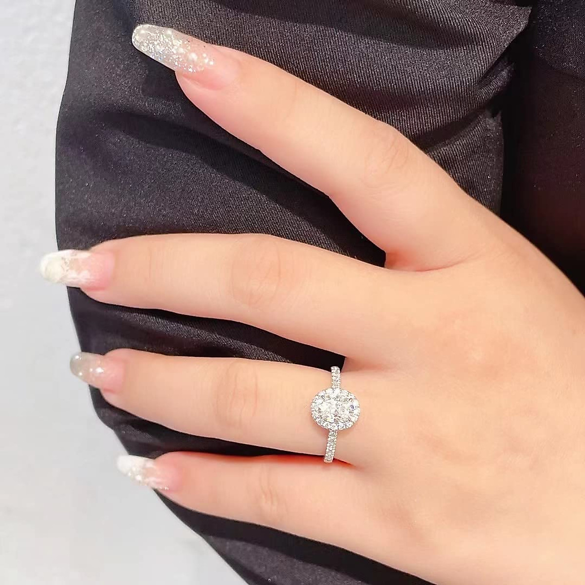 Oval Engagement Rings for Women White Gold, 1CT Center Oval Moissanite Engagement Rings Platinum Plated Silver 10K 14K 18K Gold Wedding Anniversary Promise Rings with Text Engraving (10K Gold)