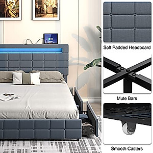 Giantex Queen Bed Frame with LED Lights and 4 Drawers, Upholstered Platform Bed Frame with USB Ports, Tufted Adjustable Headboard Design, Solid Wooden Slat Support, No Box Spring Needed