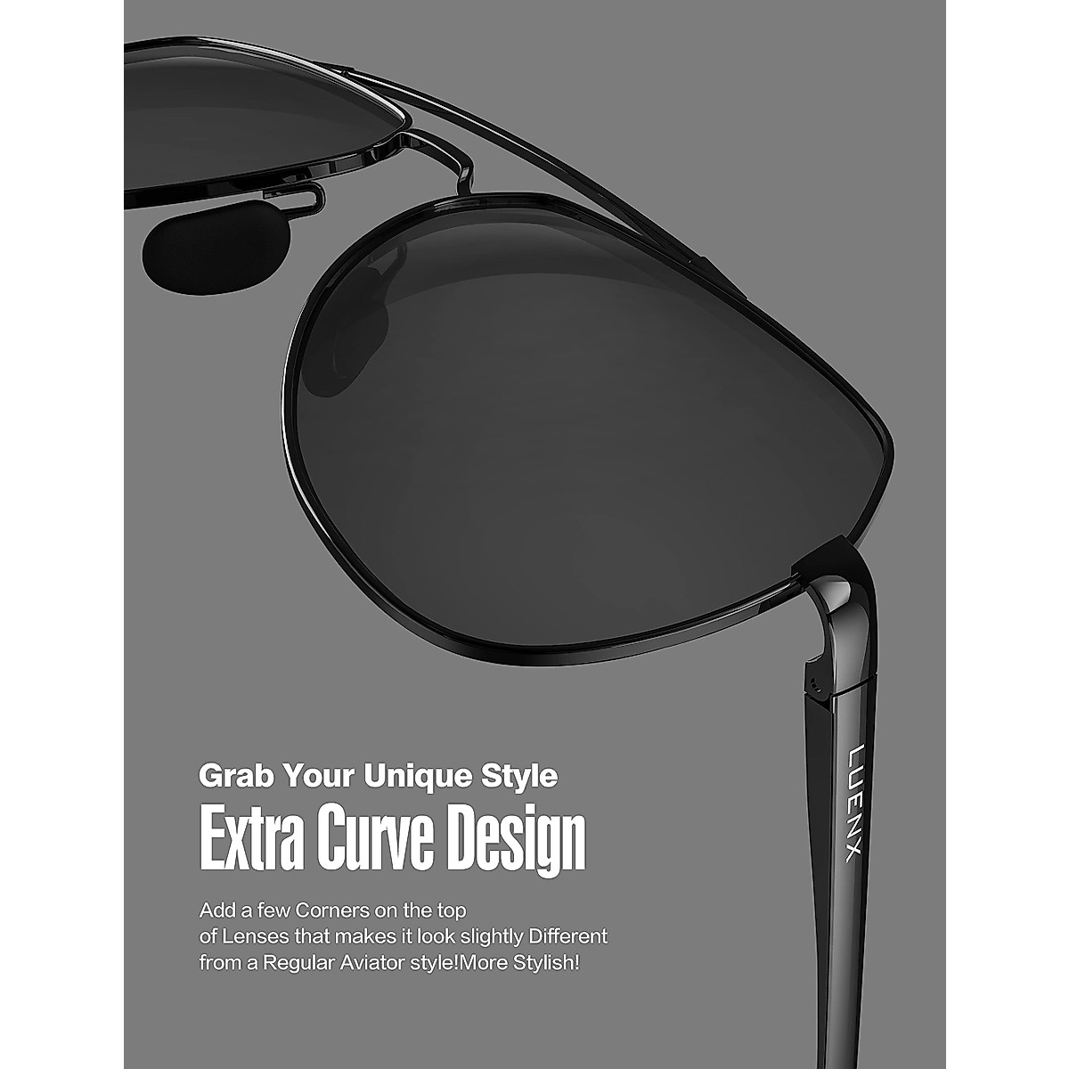 LUENX Men Women Aviator Sunglasses Polarized Shades Flexible Spring Hinge - Black Dark Lens Black Metal Frame 60MM