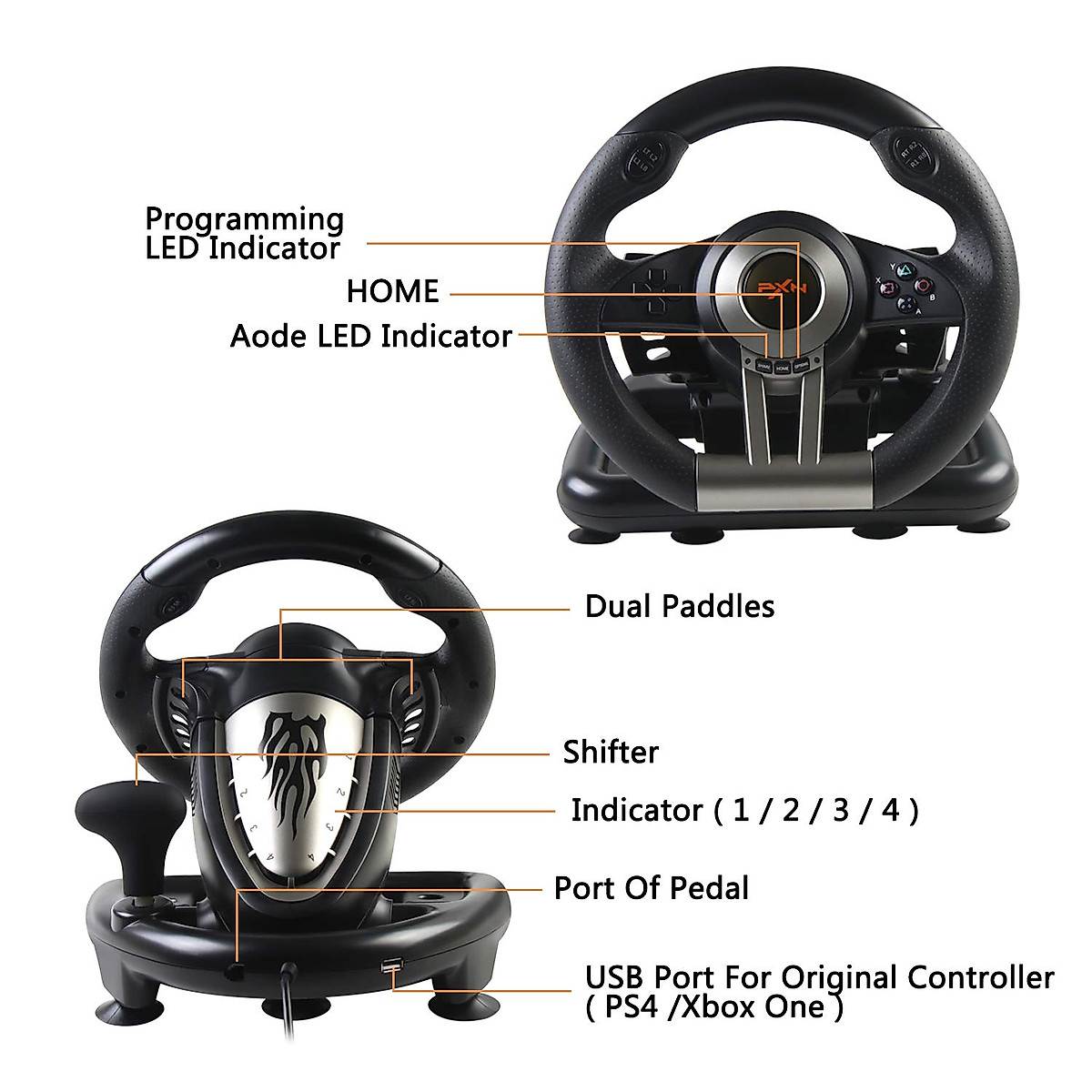 Game Racing Wheel PXN-V3II 180°Competition Driving Wheel USB Sim with Pedals and Shifter,Volante PC Steering Wheel for PS4, PS3, Xbox One, Xbox Series X|S -Black