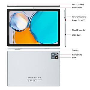 Mouikei 10 inch Tablet Android 12 Tablets, Quad-Core Tablet PC, 32GB ROM 128GB Expand, 1280x800 HD Touch Screen, 5000mAh, Dual Speaker, Bluetooth, WiFi, Dual Camera, GPS, Silver
