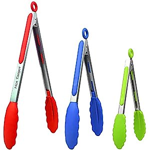 Hot Target Set of 3: 7, 9, 12 inches, Heavy Duty, Non-Stick, Stainless Steel Silicone BBQ and Kitchen Tongs. Heat resistant up to 600°F (Multicolor)