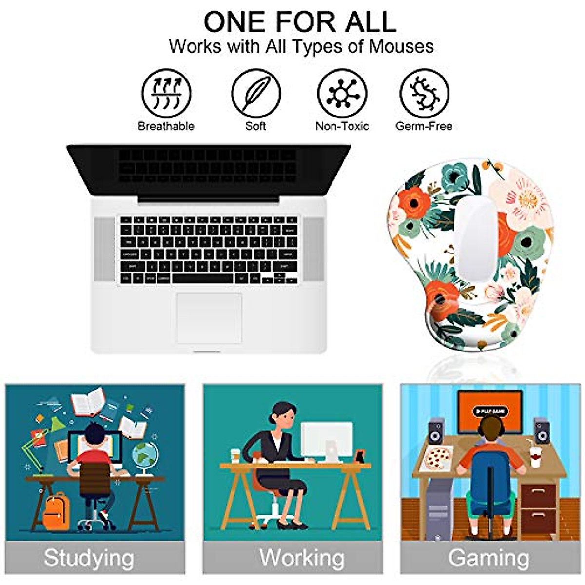 HOMKUMY Ergonomic Mouse Pad with Gel Wrist Rest Support, Cute Mouse Pads with Non-Slip Rubber Base Wrist Rest Pad for Home, Office & Travel Easy Typing & Pain Relief, Orange Flower