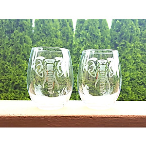 Etched elephant wine glass set, etched wine glass, elephant glass, wine gift, wine glass set of 2, etched elephant, elephant wine glass, stemless wine glass, 15 oz. wine glass