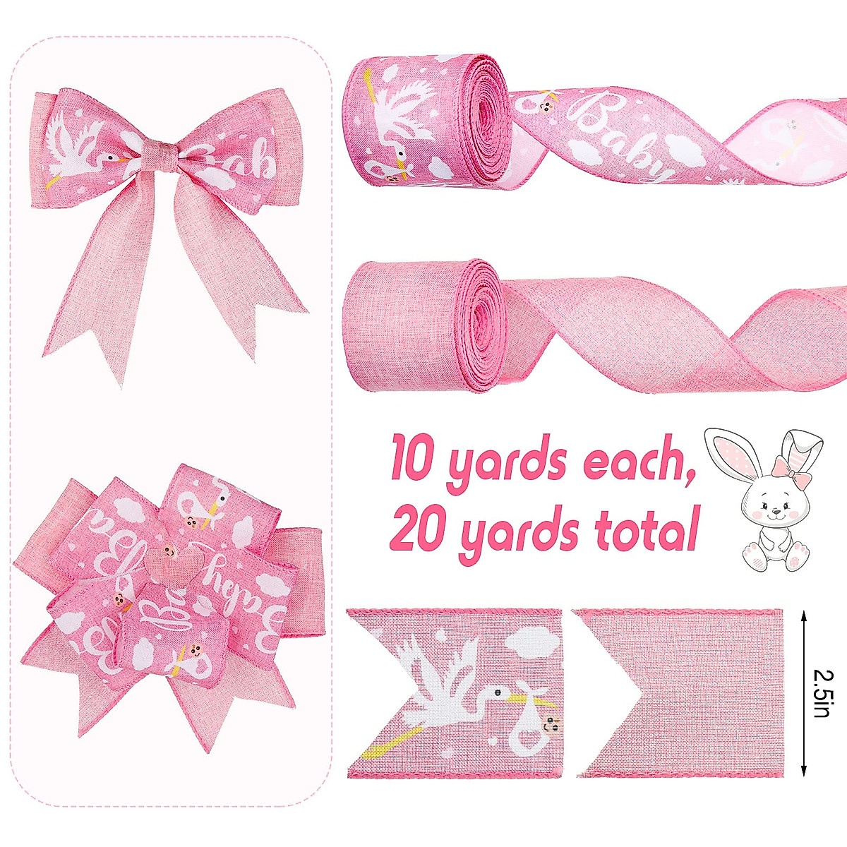 Chuangdi 2 Rolls Baby Ribbon 10 Yards Burlap Wired Ribbon 2.5 Inch Cute Ribbon for Baby Shower Diaper Cake Home Baby Girl Boy Favors Wreaths Bows Crafts Decorations Gift Box Table Decor (Pink)