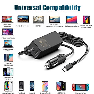 USB C Laptop Car Charger 100W USB C Charger for Lenovo Thinkpad/Yoga,Mac-Book Pro/Air, Dell HP Acer Asus LG Gram Samsung Toshiba Chromebook Charger, USB-A Port DC 5V 3A