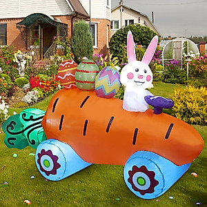Sancodee 6 FT Long Easter Inflatable Bunny on Carrot Cart with Easter Eggs, Easter Blow up Yard Decorations for Indoor Outdoor Garden Lawn Holiday Party Decor