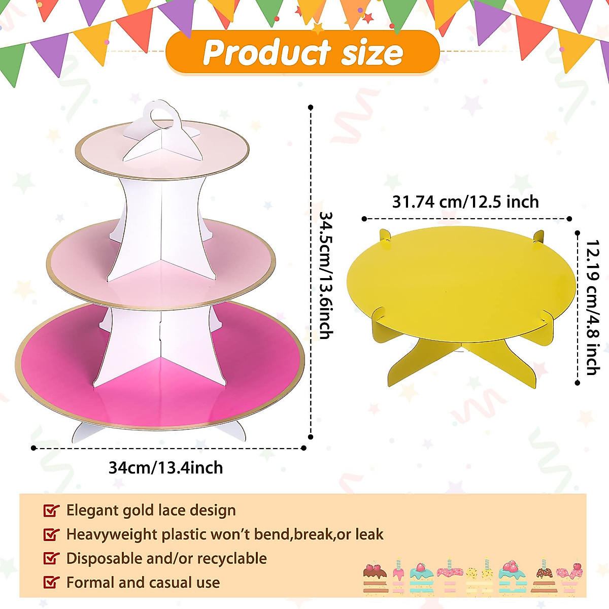 6 Pieces Colorful Cupcake Stand Set 3 Tier Cardboard Dessert Tower 1Tier Cupcake Display Stand Serving Cupcake Holder for Birthday Baby Shower All Themed Party Events Cake Display, Pink, Blue, Yellow