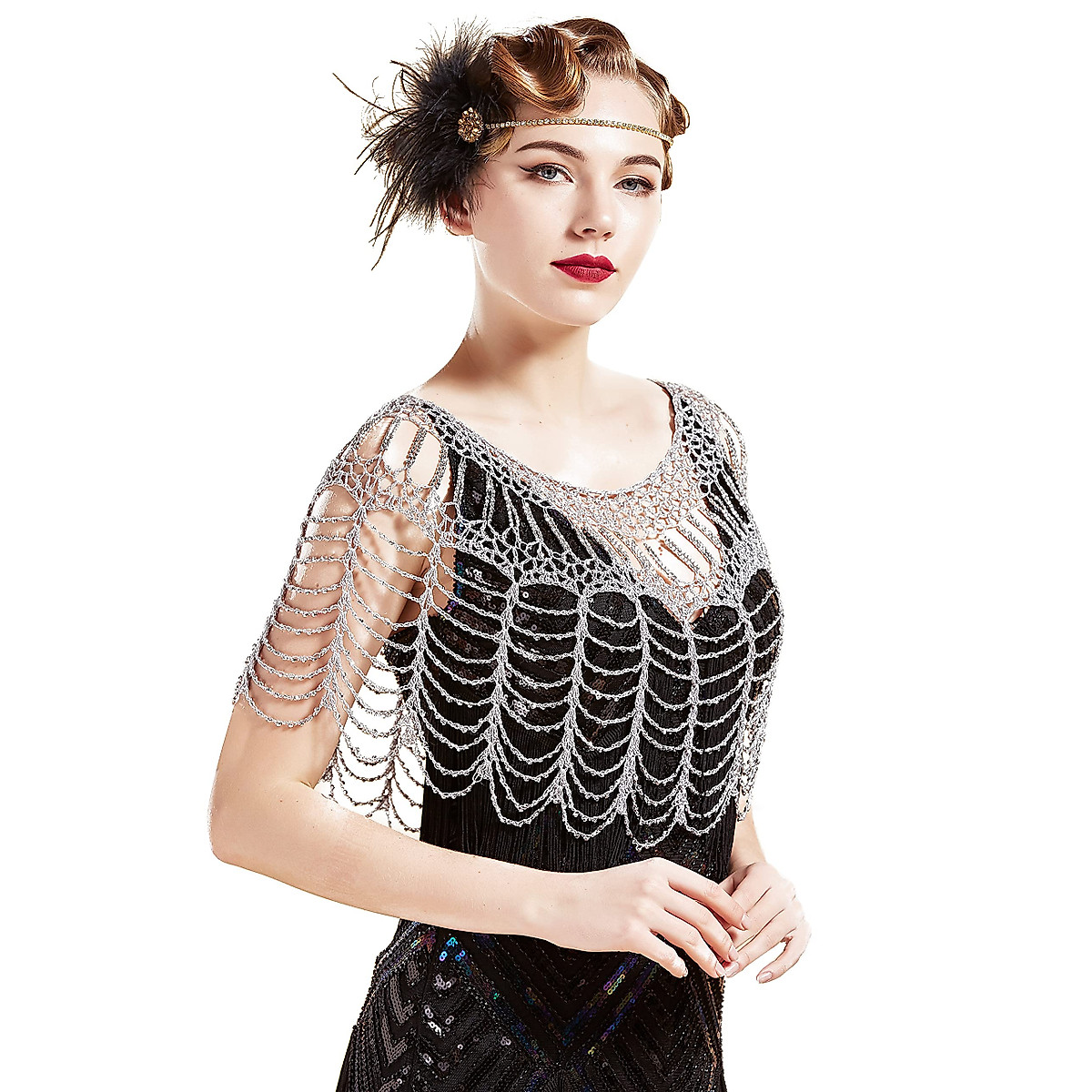 BABEYOND 1920s Shawl Wraps Beaded Net Evening Cap Wedding Bridal Shawl Scarf (Silver)