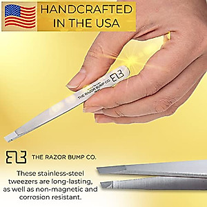 Razor Bump Co. Professional Micro Slant Tweezer, made in USA, Best Precision Tweezers for Eyebrows, Chin Hair, Ingrown Hair Removal – Surgical Grade, Rustproof, Non-Irritating Stainless Steel