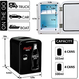 Coca-Cola Zero CZ04 4 Liter/4.2 Quarts 6 Can Portable Cooler/Mini Fridge, Beverages, Baby Food, Skincare and Medications-Use at Home, Office, Dorm, Car, RV or Boat-AC & DC Plugs Included, Black/Red