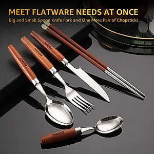 ESSBES 5-Pcs Wooden Handle Silverware Set - Stainless Steel Flatware Set with Fork, Spoon, Knife, Dessert Spoon, Chopsticks and Delicate Gift Box, Portable Cutlery Set For Home Kitchen Hotel & Gift