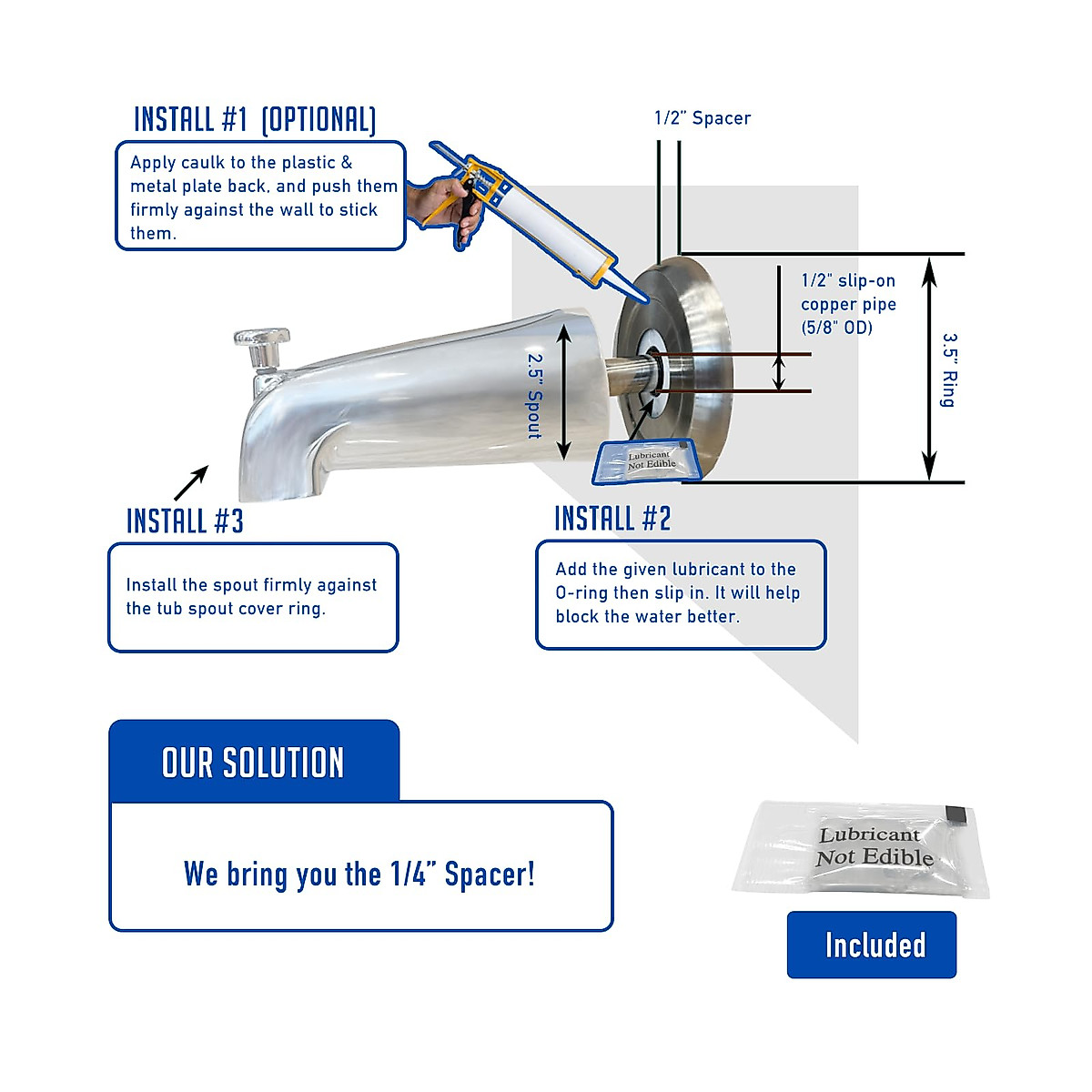 Welvzen 1/2" Thick Spacer for Tub Spout, Flange Trim Ring for Bath Faucet, Eschutcheon Cover Plate for Spigot with Split PVC Blocking Water, Shower Pipe Remodeling Sealer (304SUS-Brushed Nickel)
