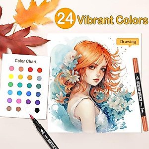 SUNEE 24 Colors Acrylic Paint Pens, Dual Tip Marker Pens With Medium Tip and Brush Tip, Paint Markers for Rock Painting, Wood, Canvas, Stone, Glass, Ceramic Surfaces, DIY Crafts Making Art Supplies