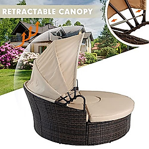 Incbruce Outdoor Daybed with Retractable Canopy, Wicker Outdoor Sectional Furniture Patio Round Daybed, All-Weather Camshell Lounger Seating Separates Cushioned Seats for Patio Backyard Pool (Brown)