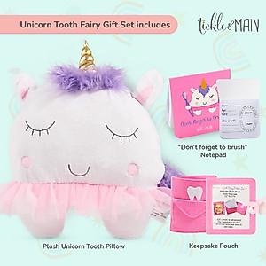 Tickle & Main 3-Piece Unicorn Tooth Fairy Pillow for Girls Ages 5-10 with Pocket, Notepad & Photo Pouch - Tooth Fairy Kit - Toothfairy Pillow for Girls