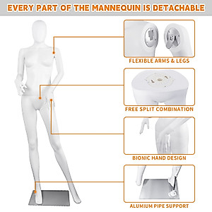 SHAREWIN Female Mannequin Dress Form Mannequin Body Faceless 70 Inches Adjustable Mannequin Dress Model Full Body Plastic Detachable Mannequin Stand Display Mannequin Head Metal Base (White)