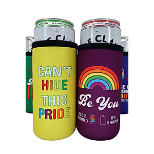 Gay Pride Stuff LGBTQ Coolies - Pride Accessories for Parade, Pride Wedding Favors, Coming Out Party Gift, Rainbow Gay Flag Merch, 12 oz Tall Skinny Can Coolie Insulated Sleeve, Proud Slim Can Cooler