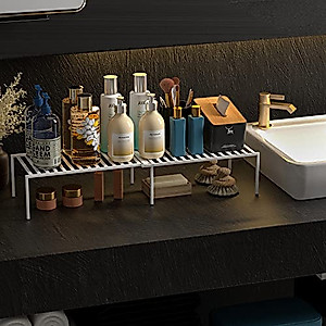 Redrubbit Expandable Cabinet Storage Shelf Rack - Kitchen Counter and Cabinet Shelf - Steel Metal Wire - Cupboard, Plate, Dish, Counter & Pantry Organization - White