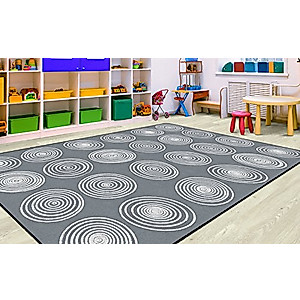 Flagship Carpets Circles Abstract Educational Area Rug for Kids Room Seating Décor, Children's Classroom, Play Carpet for Teaching and Playroom, Seats 24, 7'6" x 12', White & Grey