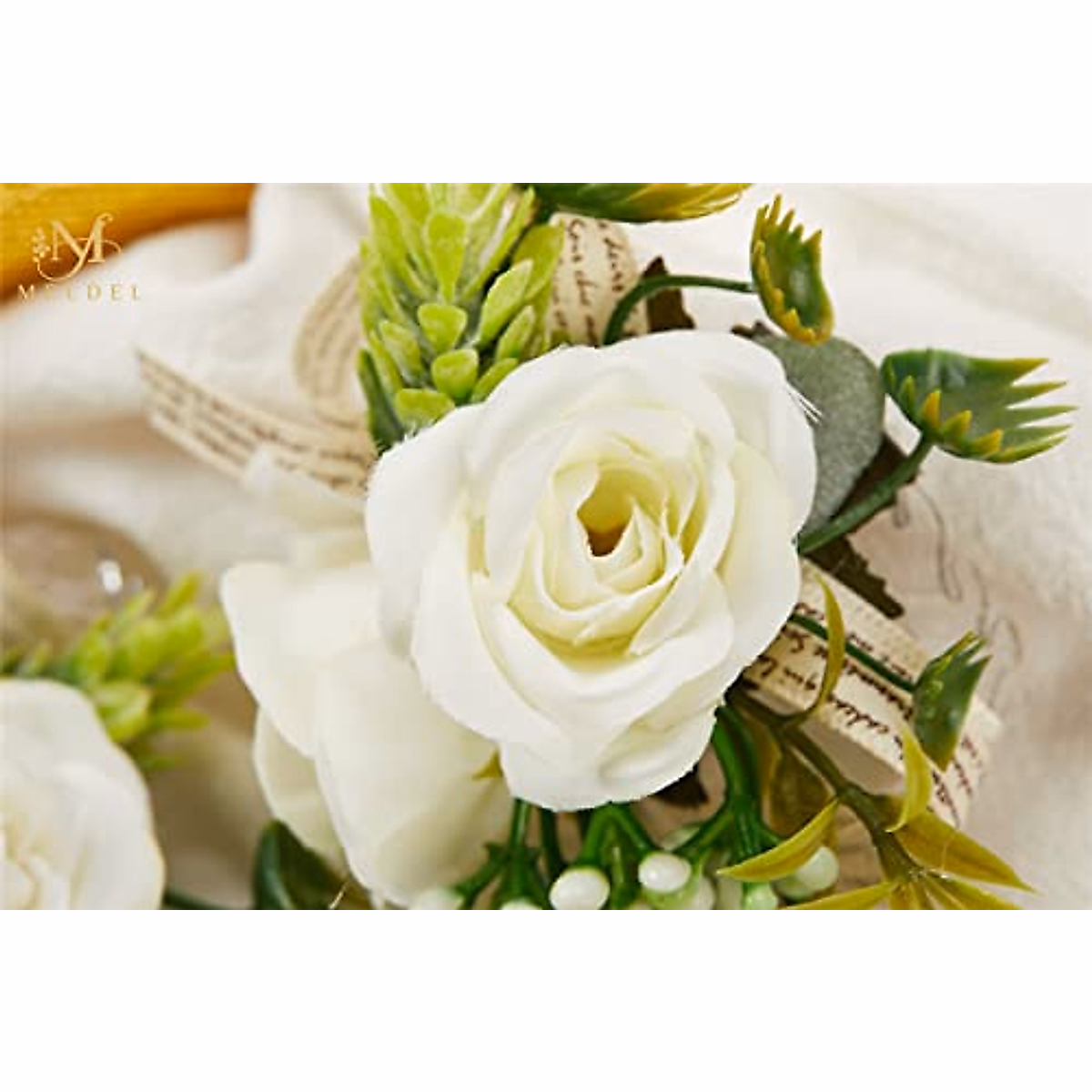 Meldel Ivory Rose Wrist Corsage Wristlet Band for Girls Women Bride Bridesmaid, Set of 6, White Hand Flower Wedding Artificial Flowers Accessories for Prom Party