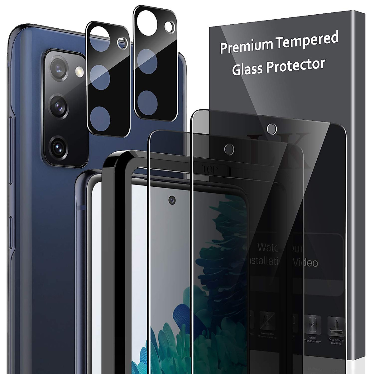LK 2 Pack Samsung Galaxy S20 FE Privacy Screen Protector + 2 Pack Lens Protector [Not Support Fingerprint Sensor], 9H Tempered Glass, Scratch & Peep-Proof, Case-Friendly, Alignment Tool Attached