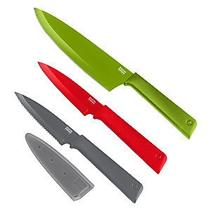 Kuhn Rikon COLORI+ Mixed Knife Set with Non-Stick Coating and Safety Sheaths, Set of 3, Green, Red and Dark Grey