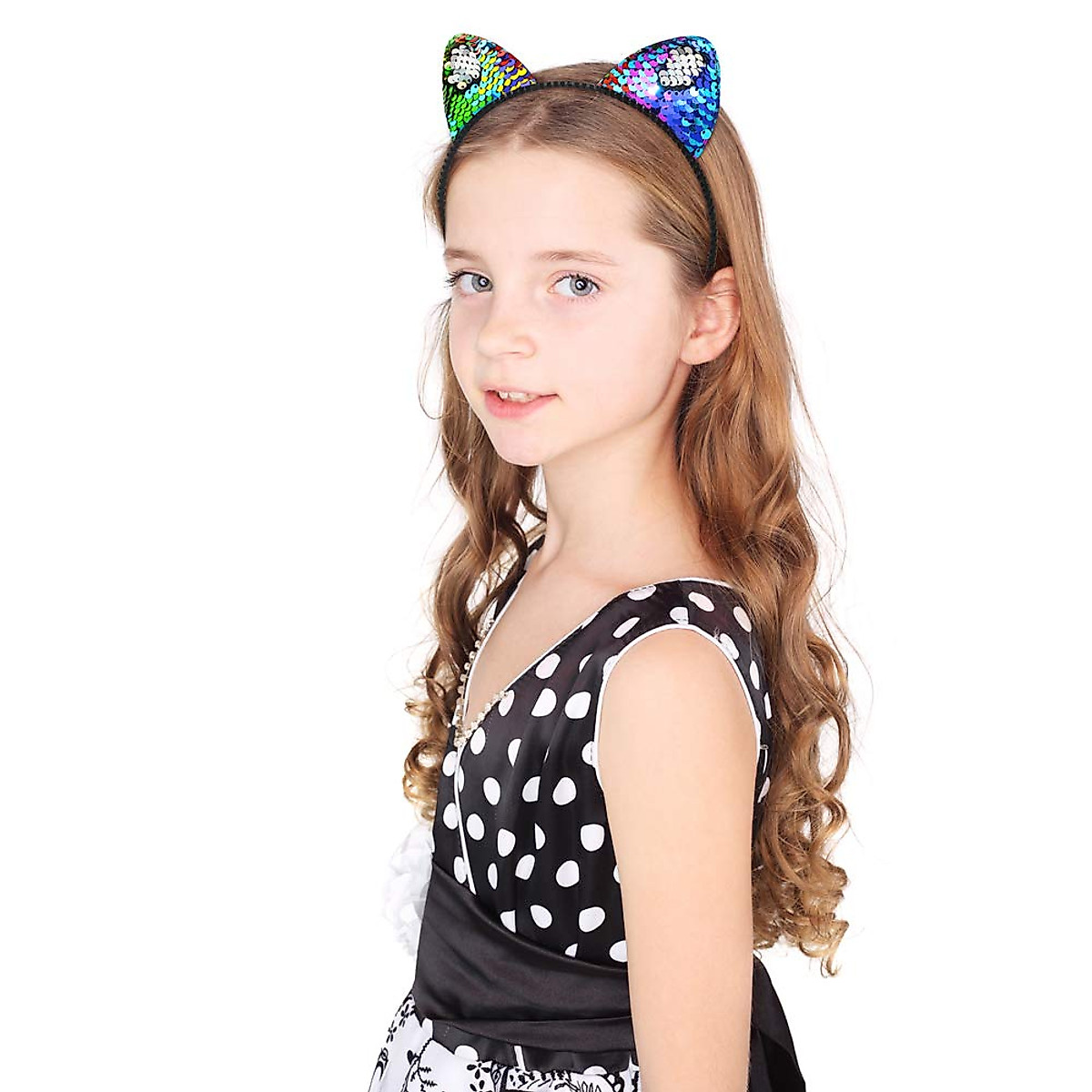 Beinou Reversible Sequin Cat Ears Headband - Shiny Bling Kitty Hairband with Ear Hair Hoops, Cute Hair Accessories for Girls Women, Suitable for Daily Wear and Party Decorations