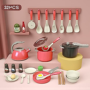 Bruvoalon 32Pcs Kids Play Kitchen Toys Set, Toddlers Pretend Cooking Playset Acccessories with Pots Pans, Utensils Cookware, Foods, Canned Veges, Learning Gift for Kids Girls Boys (Red)