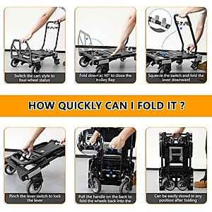2-1 Folding Hand Truck Dolly with Shopping Basket, 330LB Heavy Duty Carrying with 4 Wheels Foldable, Retractable Handle Collapsible Cart, Include 2 Bungee Cords, for Moving, Luggage, Office