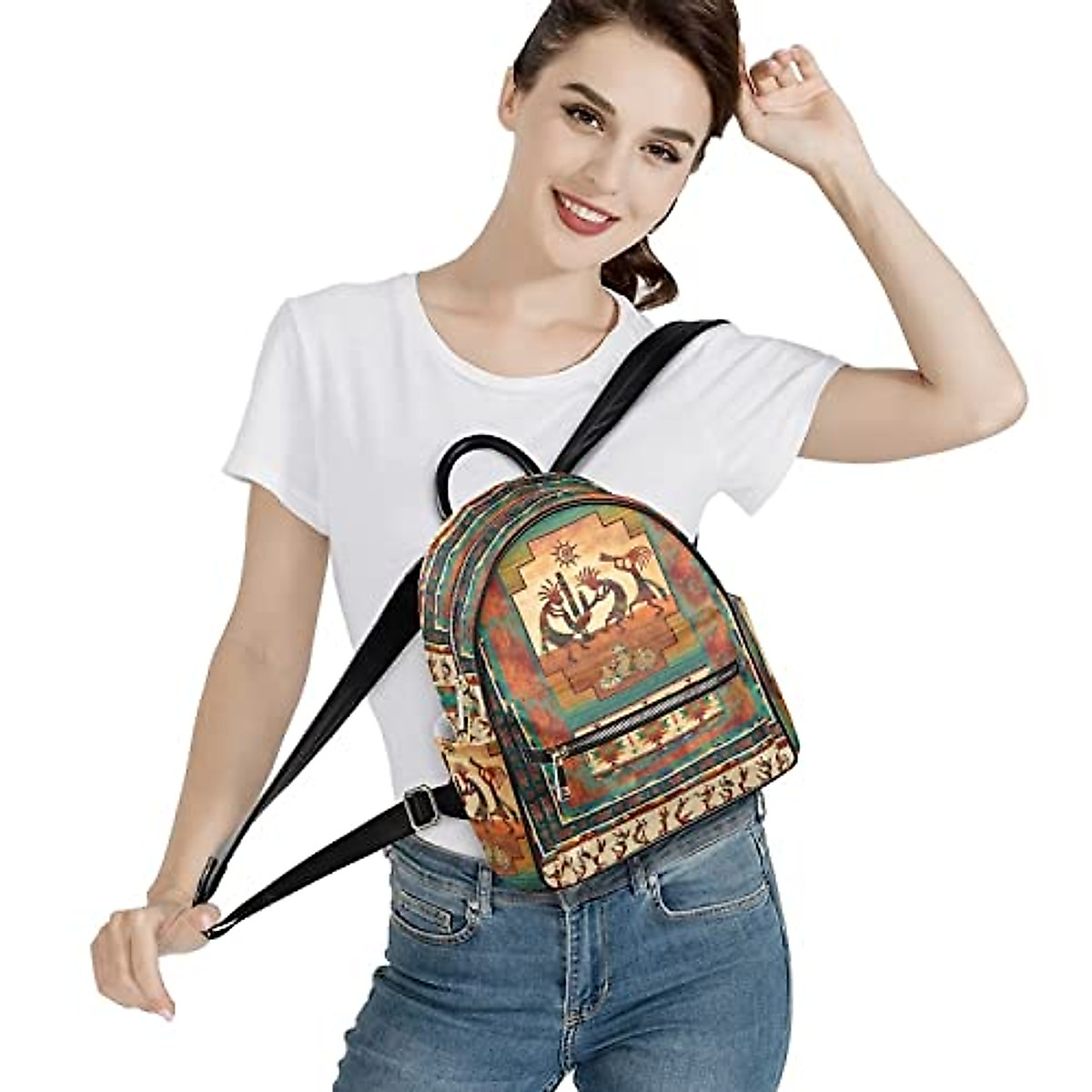 Wideasale Aztec Kokopelli Southwest Print Backpack Purse for Women Tribal Native American Indian Mini Travel Backpack Ethnic Style Pu Leather Casual Daypack