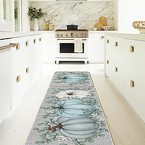 Artoid Mode Pumpkin Eucalyptus Fall Kitchen Mats Set of 2, Home Decor Low-Profile Kitchen Rugs for Floor - 17x29 and 17x47 Inch